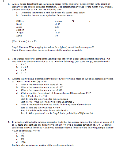 Solved 1. A local police department has calculated z scores | Chegg.com