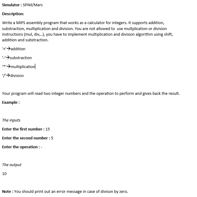 Solved Simulator : SPIM/Mars Description: Write a MIPS | Chegg.com
