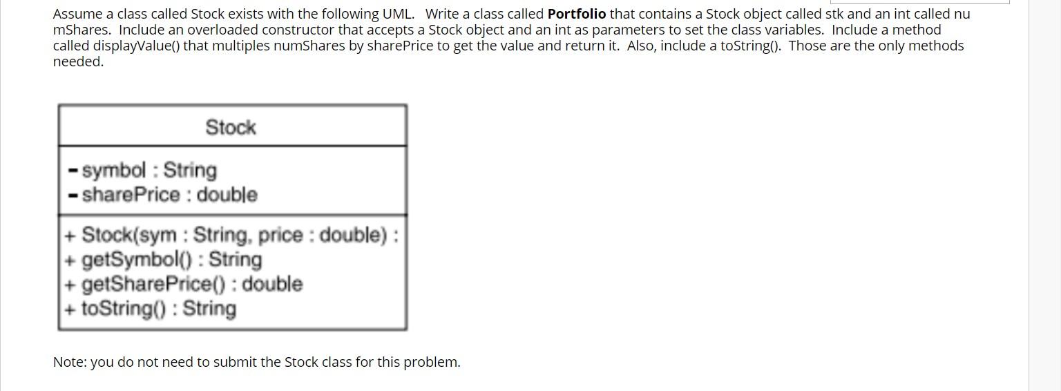 Solved Assume a class called Stock exists with the following | Chegg.com