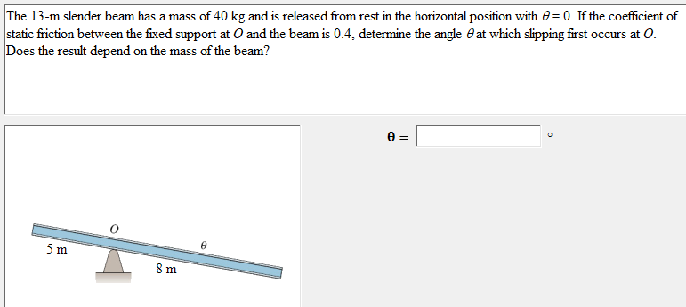 Solved The 13-m slender beam has a mass of 40 kg and is | Chegg.com