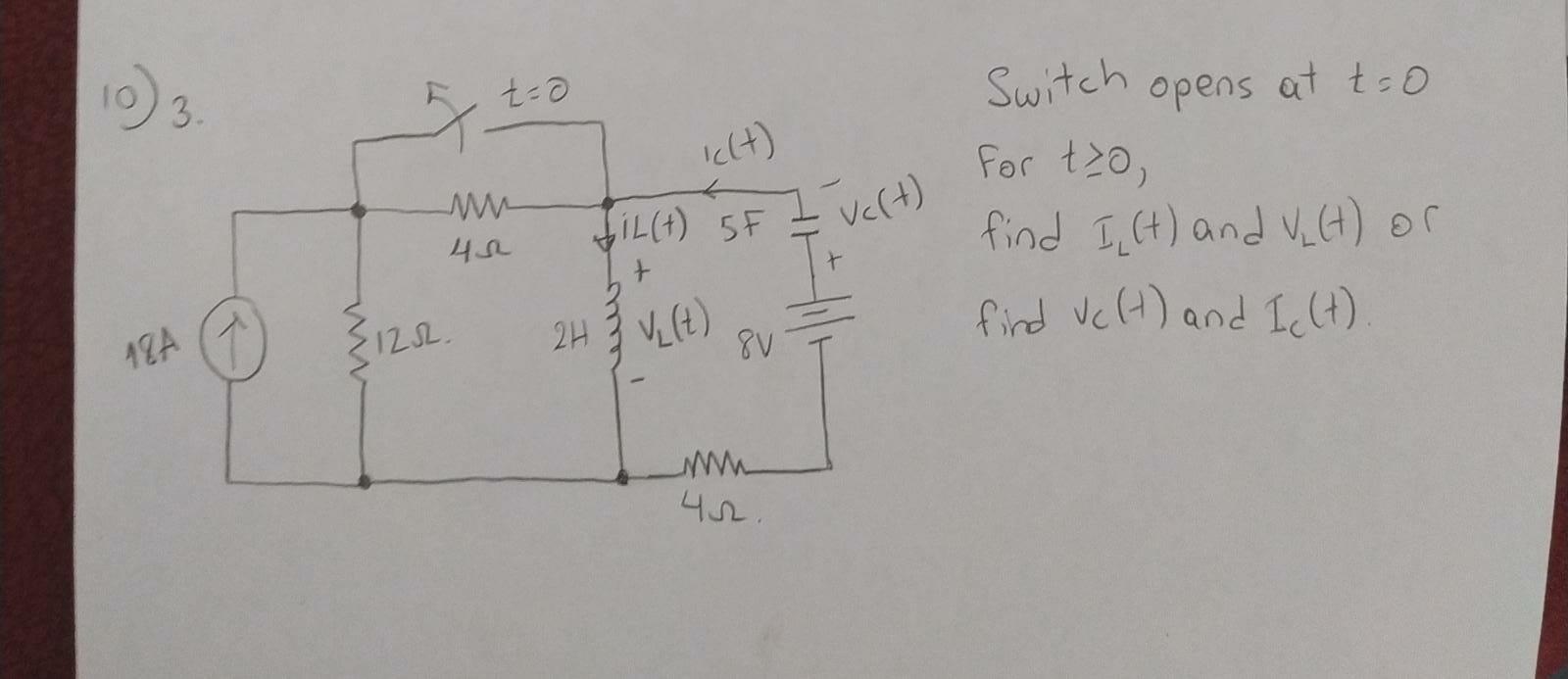 Solved Switch opens at t=0 For t≥0, find IL(t) and VL(t) or | Chegg.com