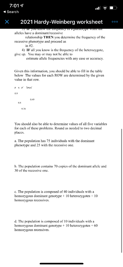 Solved 7:017 + Search X 2021 Hardy-Weinberg worksheet | Chegg.com