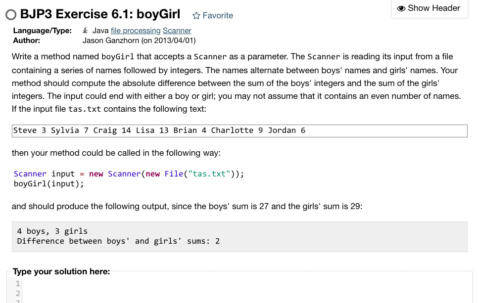 Solved Show Header O BJP3 Exercise 6.1: boyGirl Favorite | Chegg.com