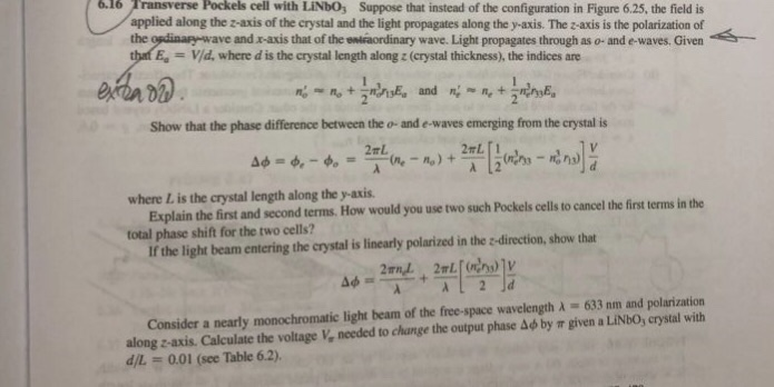 6.16 Transverse Pockels cell with LiNbOs Suppose that | Chegg.com