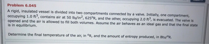 Solved Problem 6.045 A rigid, insulated vessel is divided | Chegg.com