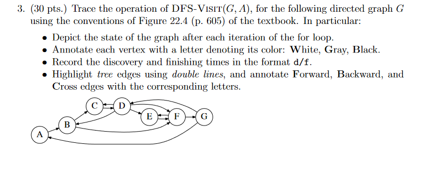 Solved 3. (30 pts.) Trace the operation of DFS-VISIT(G,A), | Chegg.com