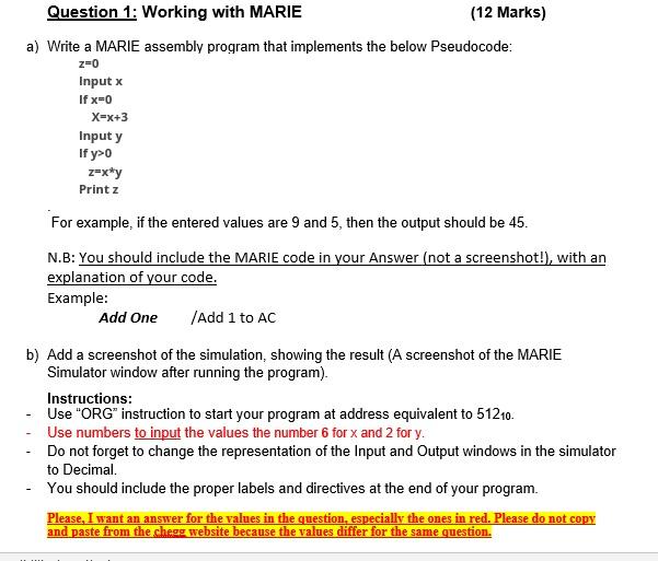 Solved Question 1: Working with MARIE (12 Marks) a) Write a | Chegg.com Solved Question 1: Working with MARIE (12 Marks) a) Write a | Chegg.com