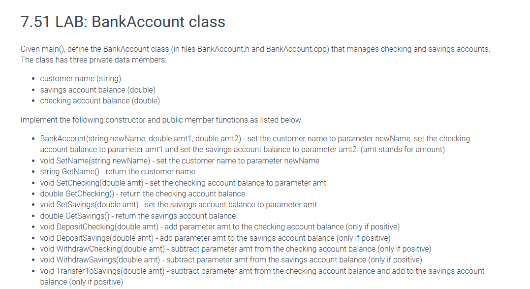 Solved Given main(), define the BankAccount class (in files | Chegg.com