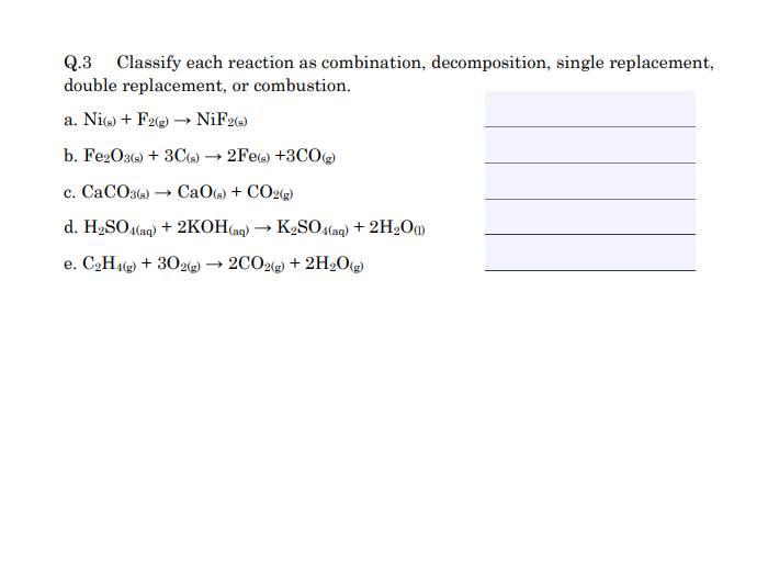 Solved Q.3 Classify each reaction as combination, | Chegg.com