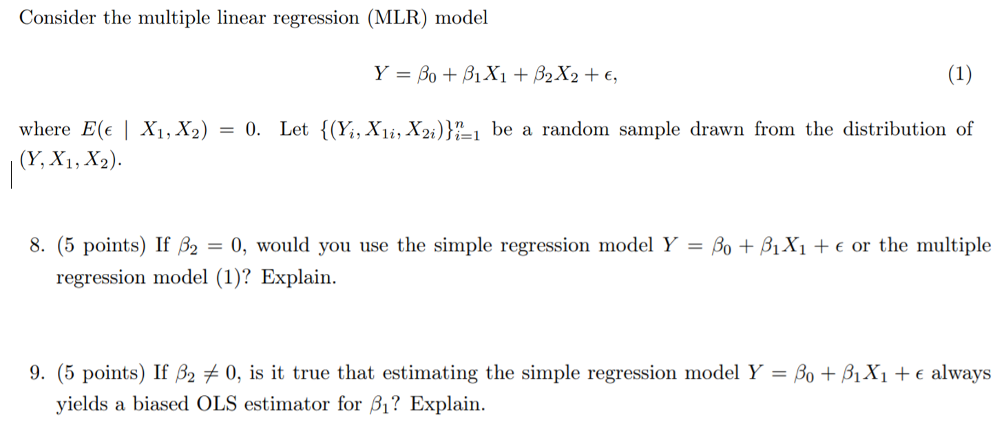 Solved Consider the multiple linear regression (MLR) model Y | Chegg.com