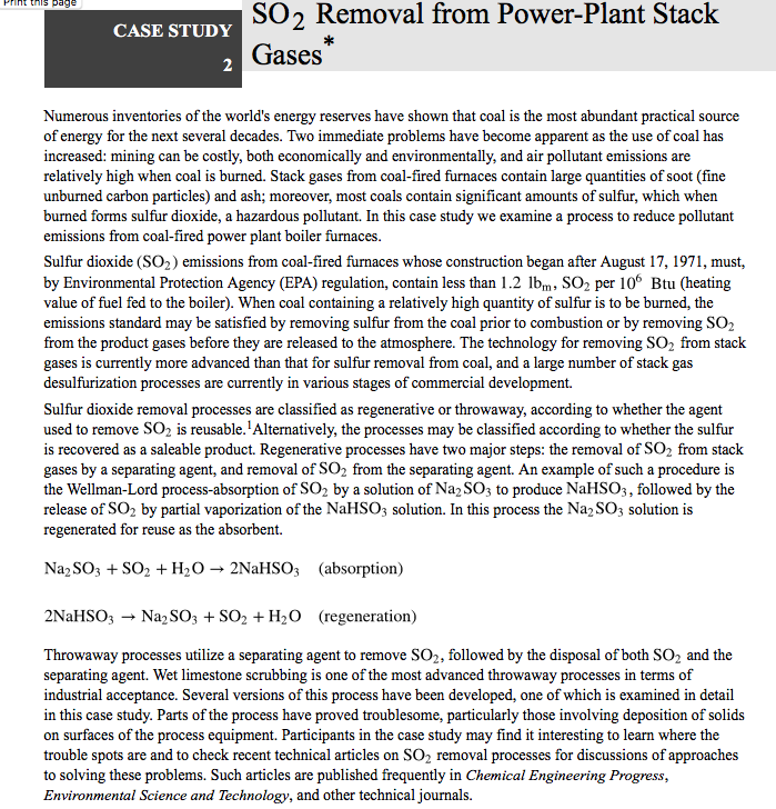 Solved SO2 Removal from Power-Plant Stack Gases CASE STUDY | Chegg.com