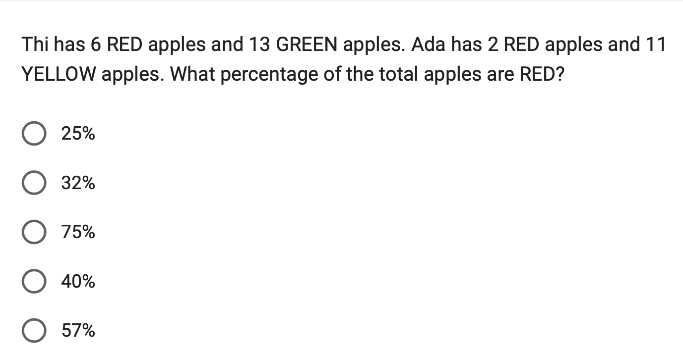 Solved Thi has 6 RED apples and 13 GREEN apples. Ada has 2 | Chegg.com