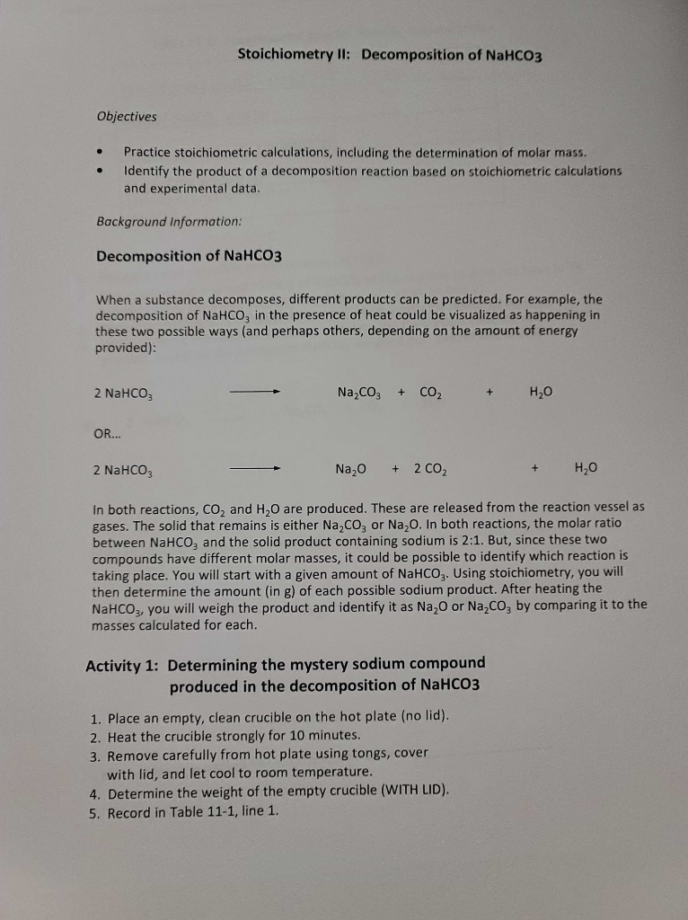 Solved Stoichiometry II: Decomposition of NaHCO3 Objectives | Chegg.com