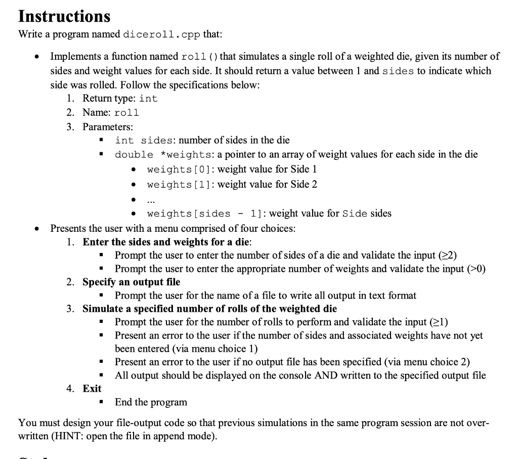 Instructions Write a program named diceroll.cpp that: | Chegg.com