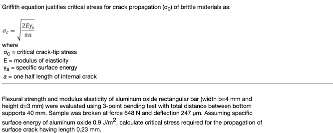 Solved Griffith equation justifies critical stress for crack | Chegg.com