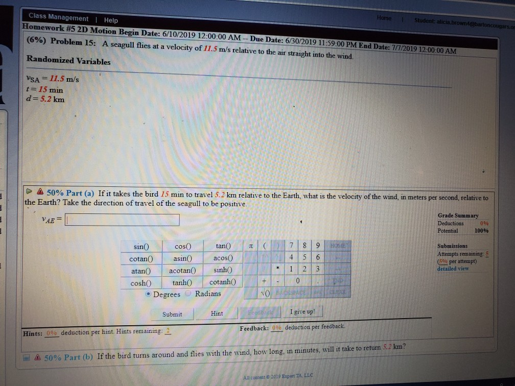 Solved Class Management Help Homework # 5 2D Motion Begin | Chegg.com