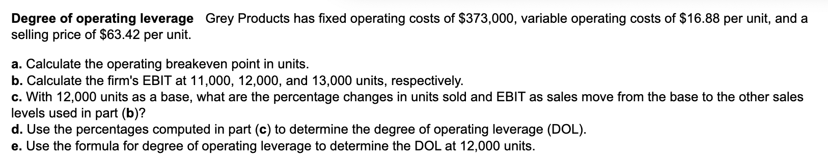 Solved Degree of operating leverage Grey Products has fixed | Chegg.com