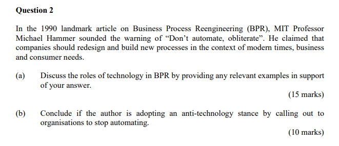 Solved In the 1990 landmark article on Business Process | Chegg.com