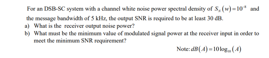 Solved For an DSB-SC system with a channel white noise power | Chegg.com
