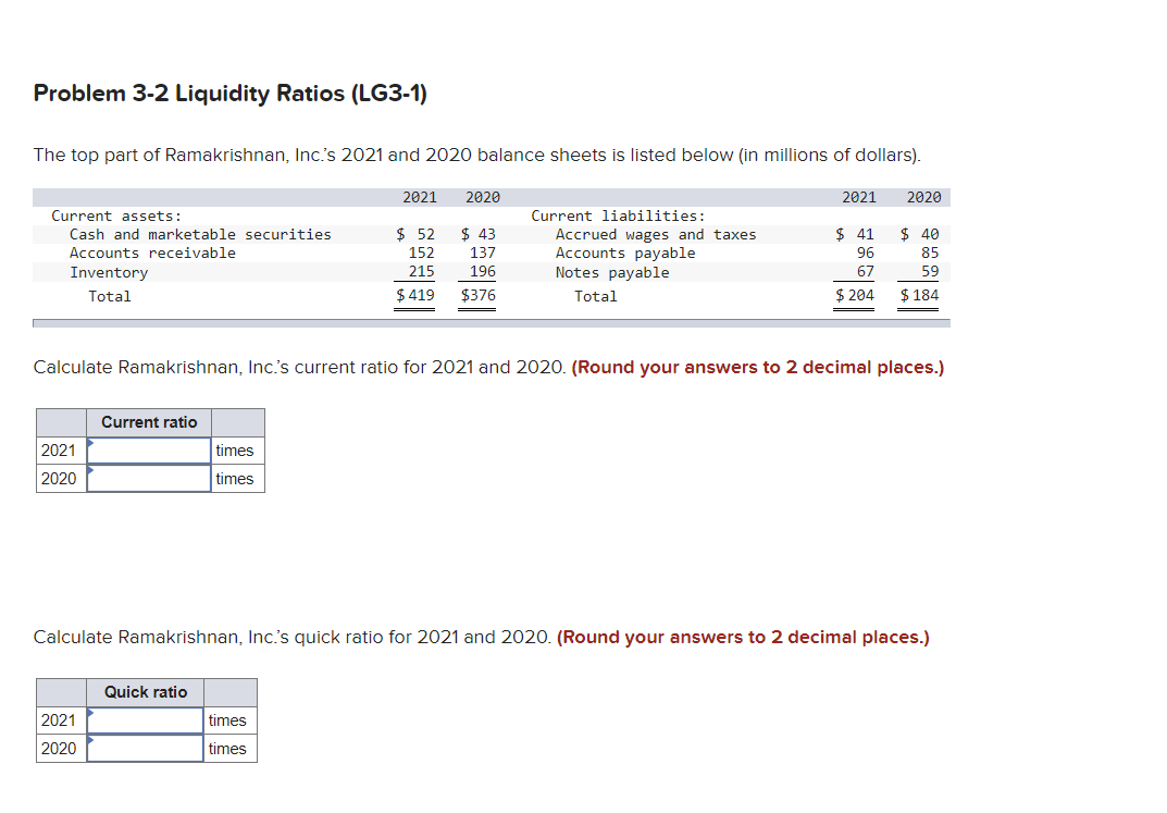 Solved Problem 3-2 ﻿Liquidity Ratios (LG3-1)The top part of | Chegg.com