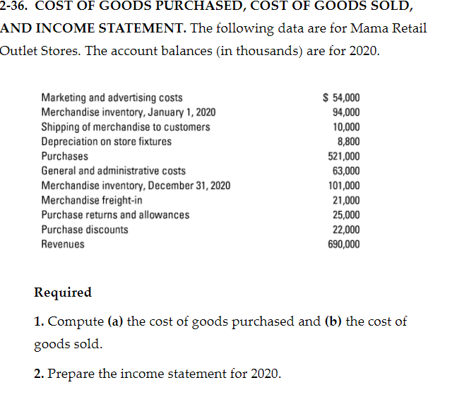 Solved 2-36. COST OF GOODS PURCHASED, COST OF GOODS SOLD, | Chegg.com