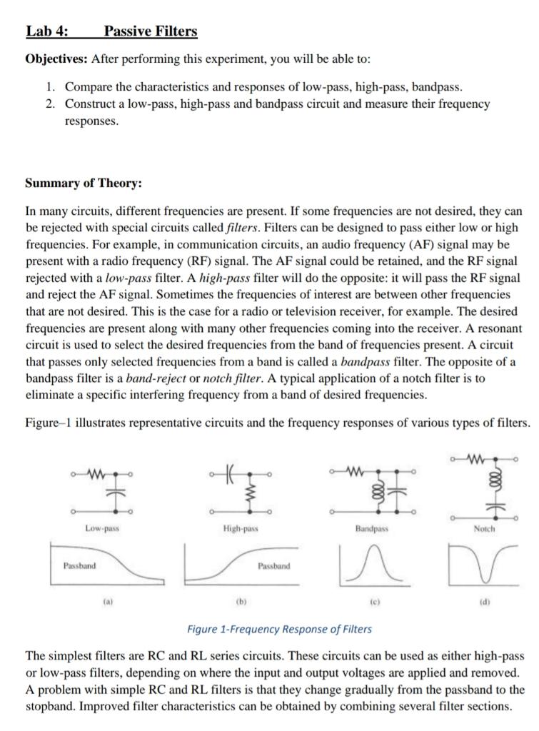 Solved Lab 4: Passive Filters Objectives: After performing | Chegg.com