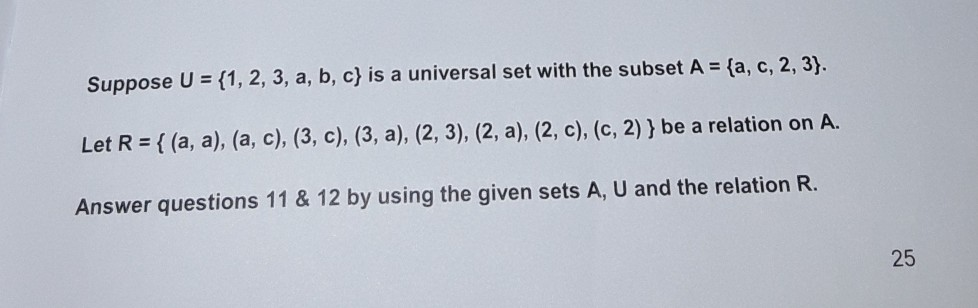Solved Suppose U = {1, 2, 3, a, b, c} is a universal set | Chegg.com Solved Suppose U = {1, 2, 3, a, b, c} is a universal set | Chegg.com