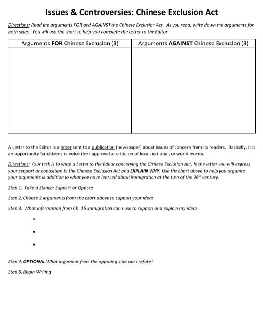 Issues \& Controversies: Chinese Exclusion Act | Chegg.com