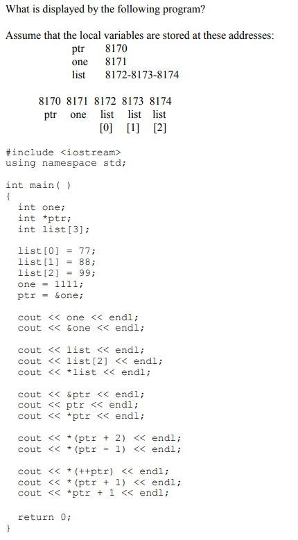 Solved What is displayed by the following program? ptr | Chegg.com