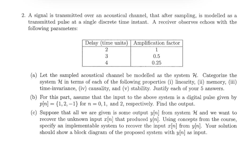 Solved A signal is transmitted over an acoustical channel, | Chegg.com