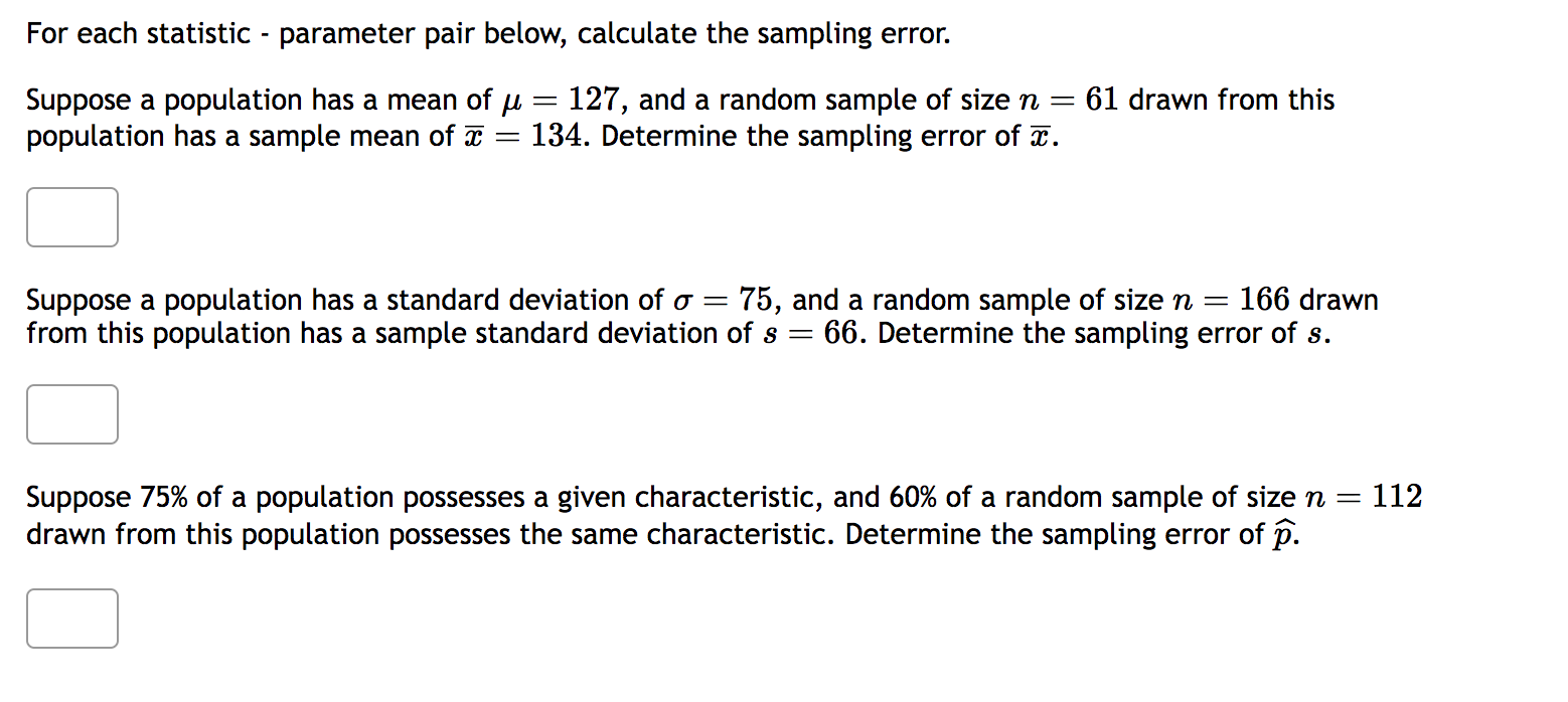 Solved For each statistic - parameter pair below, calculate | Chegg.com