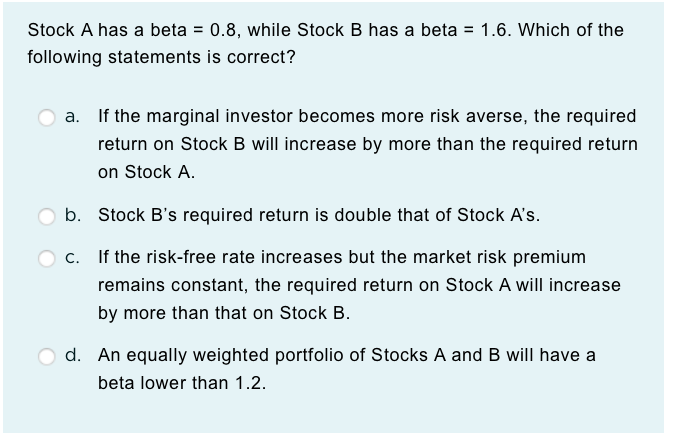 Solved Stock A Has A Beta 0 8 While Stock B Has A Beta