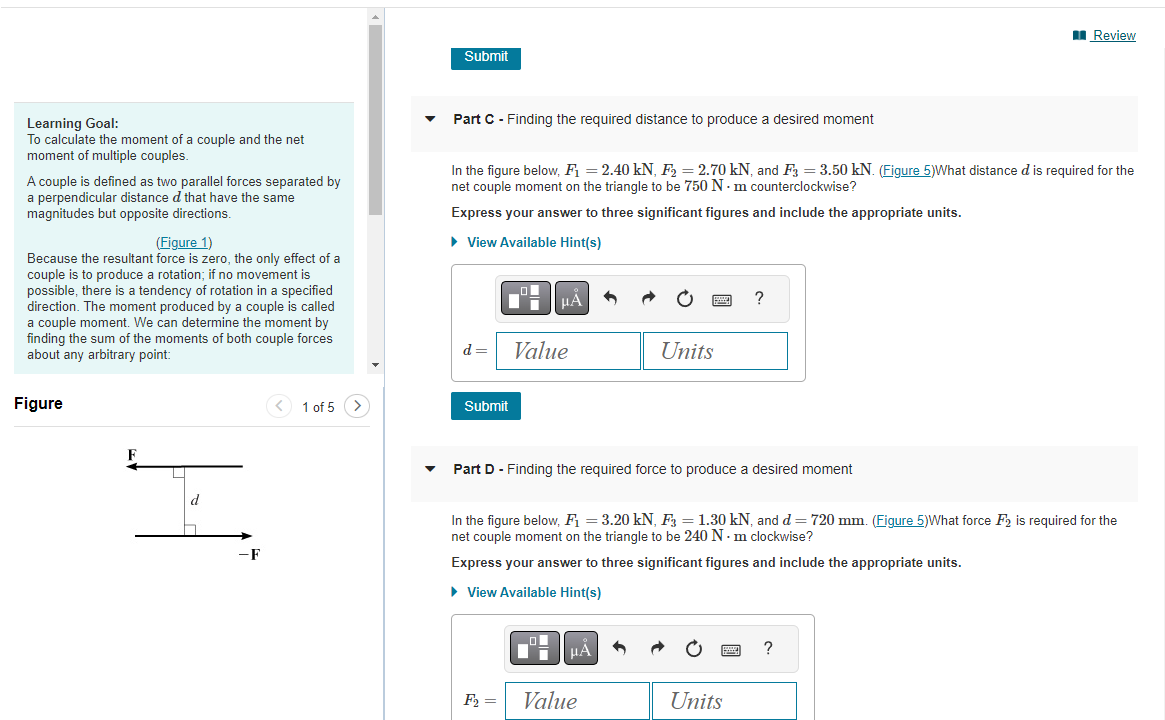 Solved Part A - Finding the moment of a simple couple | Chegg.com
