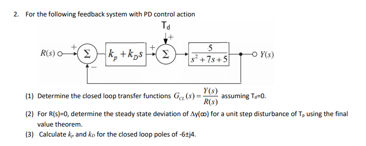 Solved 2. For the following feedback system with PD control | Chegg.com
