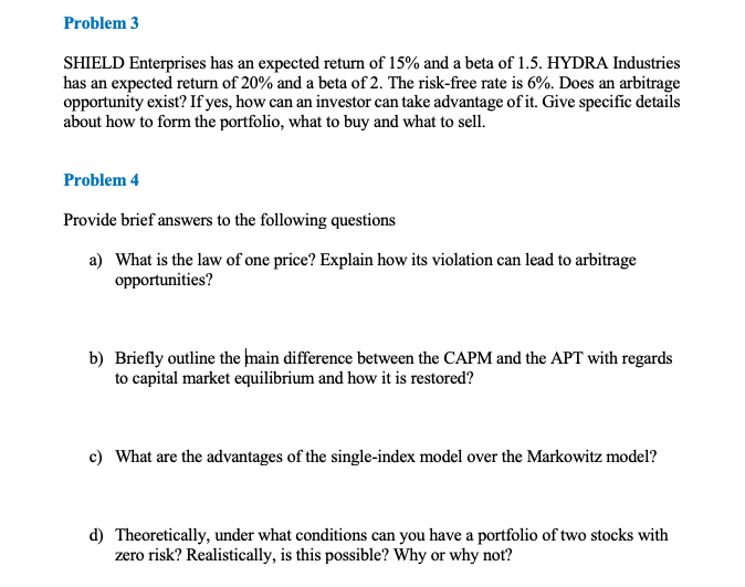 Solved SHIELD Enterprises has an expected return of 15% and | Chegg.com