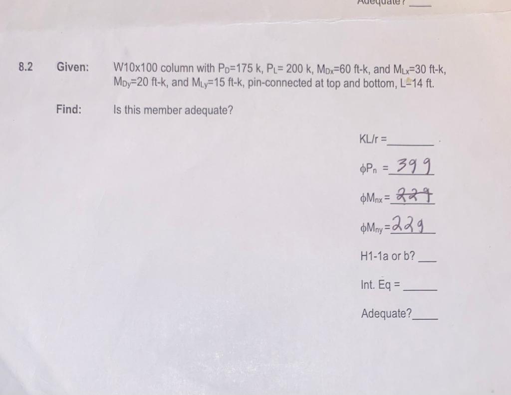Solved 8.2 Given: W10x100 column with Pp=175 k, P = 200 k, | Chegg.com