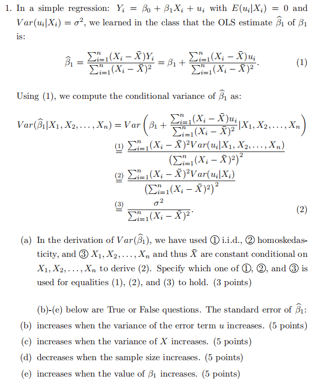 Solved 1. In a simple regression: Yį = Bo + B1X; + uị with | Chegg.com
