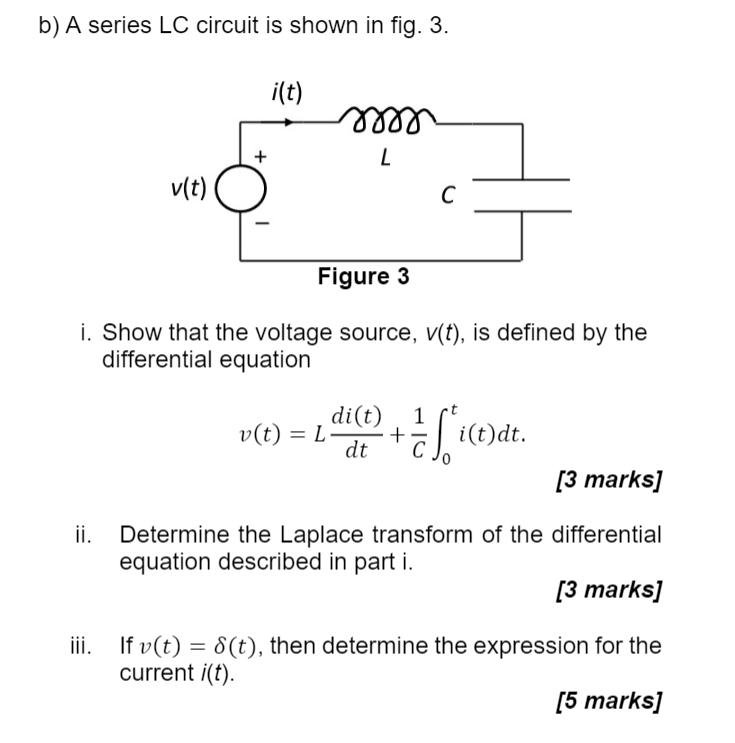 Solved b) A series LC circuit is shown in fig. 3. i(t) mon + | Chegg.com