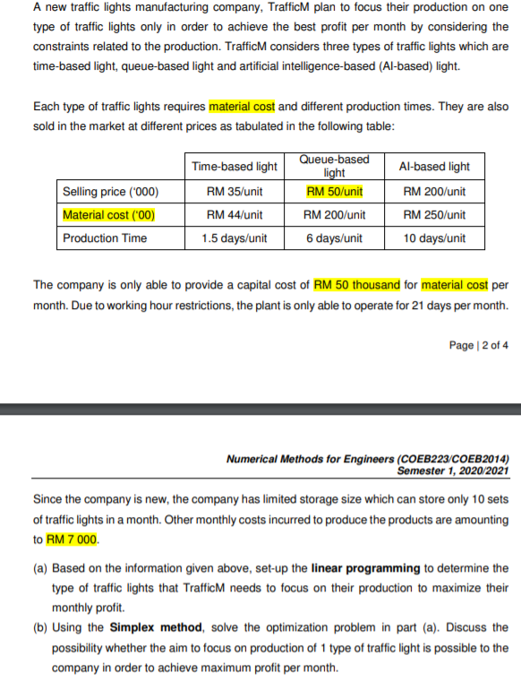 A new traffic lights manufacturing company, TrafficM | Chegg.com