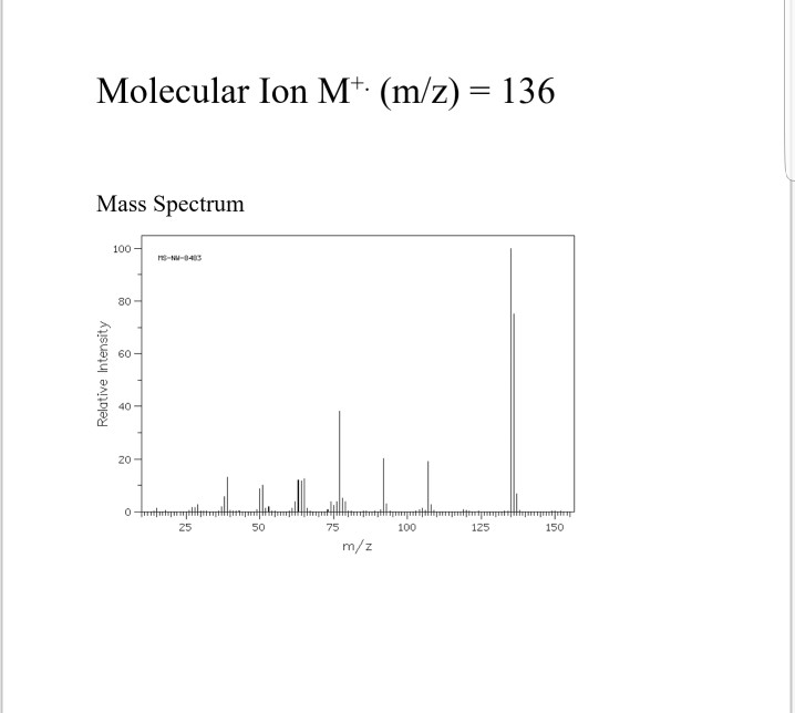 Solved Molecular Ion M+, (m/z) 136 Mass Spectrum 100- 80- 60 | Chegg.com