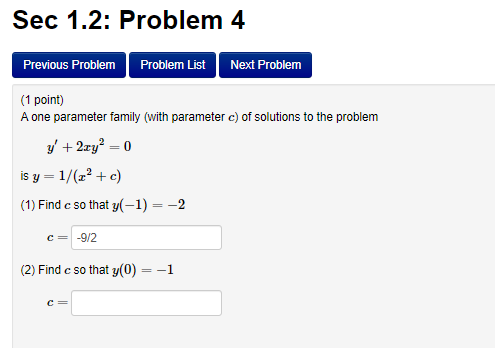 Solved (1 point) A one parameter family (with parameter c ) | Chegg.com