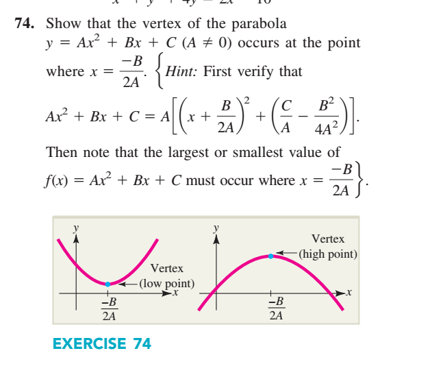 Solved y=Ax2+Bx+C(A =0) occurs at the point where x=2A−B⋅{ | Chegg.com