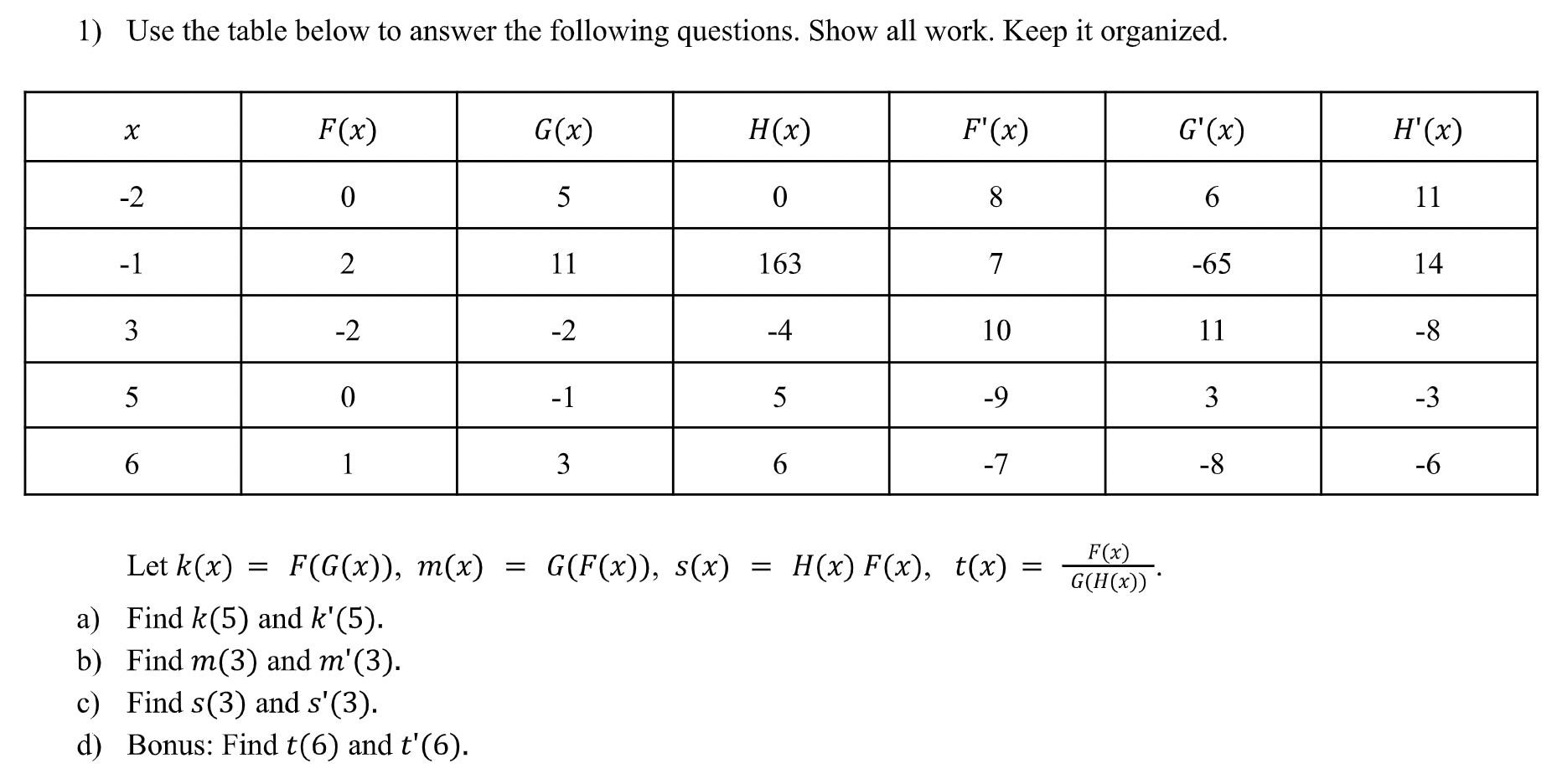 Solved 1) Use the table below to answer the following | Chegg.com