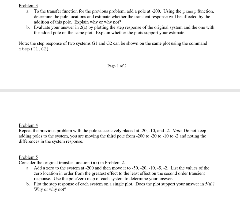 Solved Problem 1 Given the transfer functions e S +5 (a) | Chegg.com