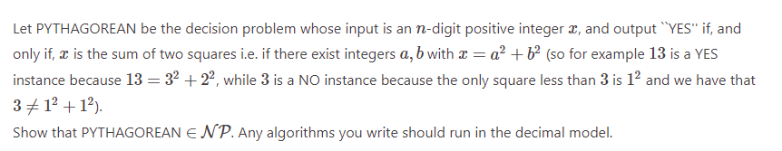 Solved Let PYTHAGOREAN be the decision problem whose input | Chegg.com