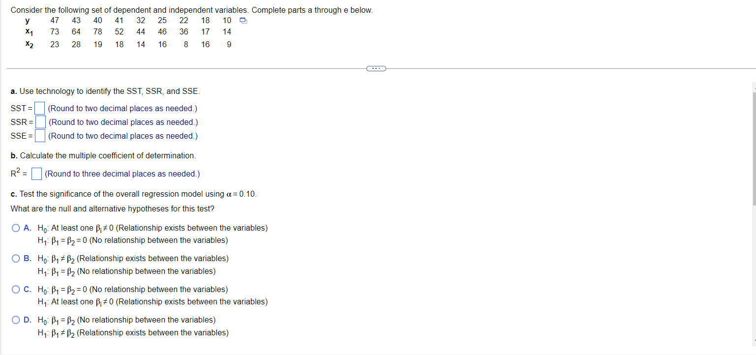 Solved a. Use technology to identify the SST, SSR, and SSE. | Chegg.com