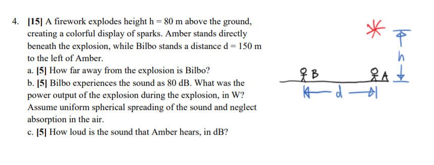 Solved 4. [15] A firework explodes height h = 80 m above the | Chegg.com
