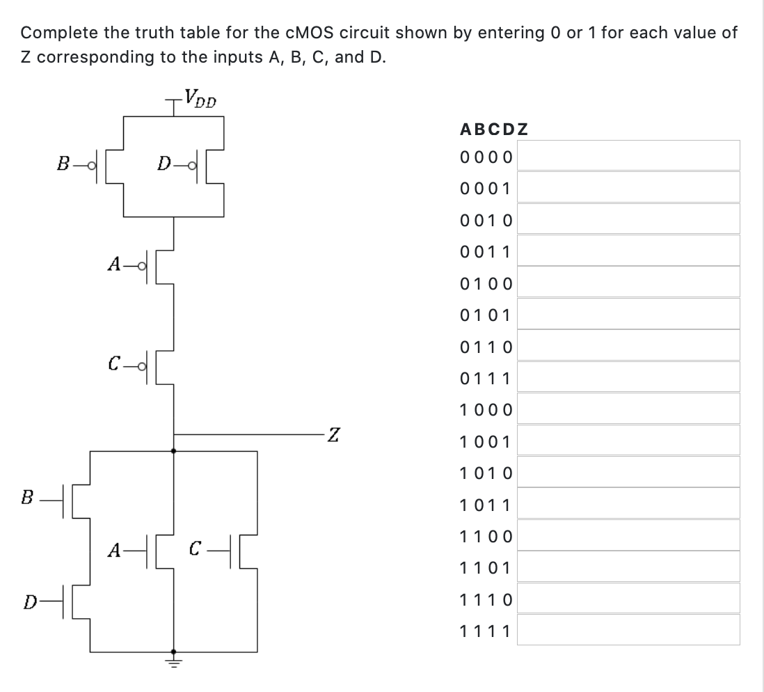 Solved Complete the truth table for the CMOS circuit shown | Chegg.com