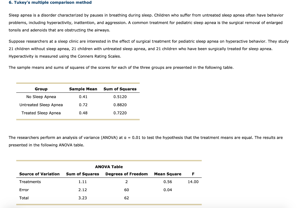 Solved 6. Tukey's multiple comparison method Sleep apnea is | Chegg.com