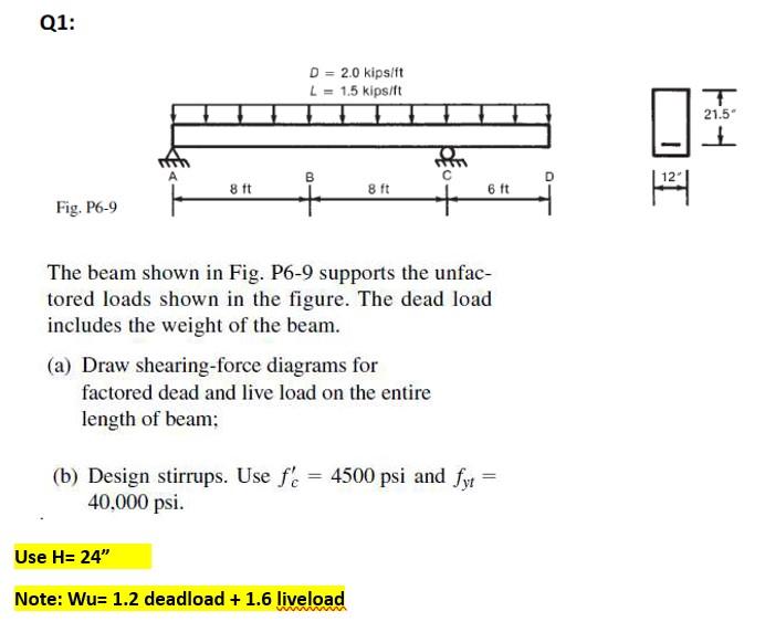 Solved The beam shown in Fig. P6-9 supports the unfactored | Chegg.com